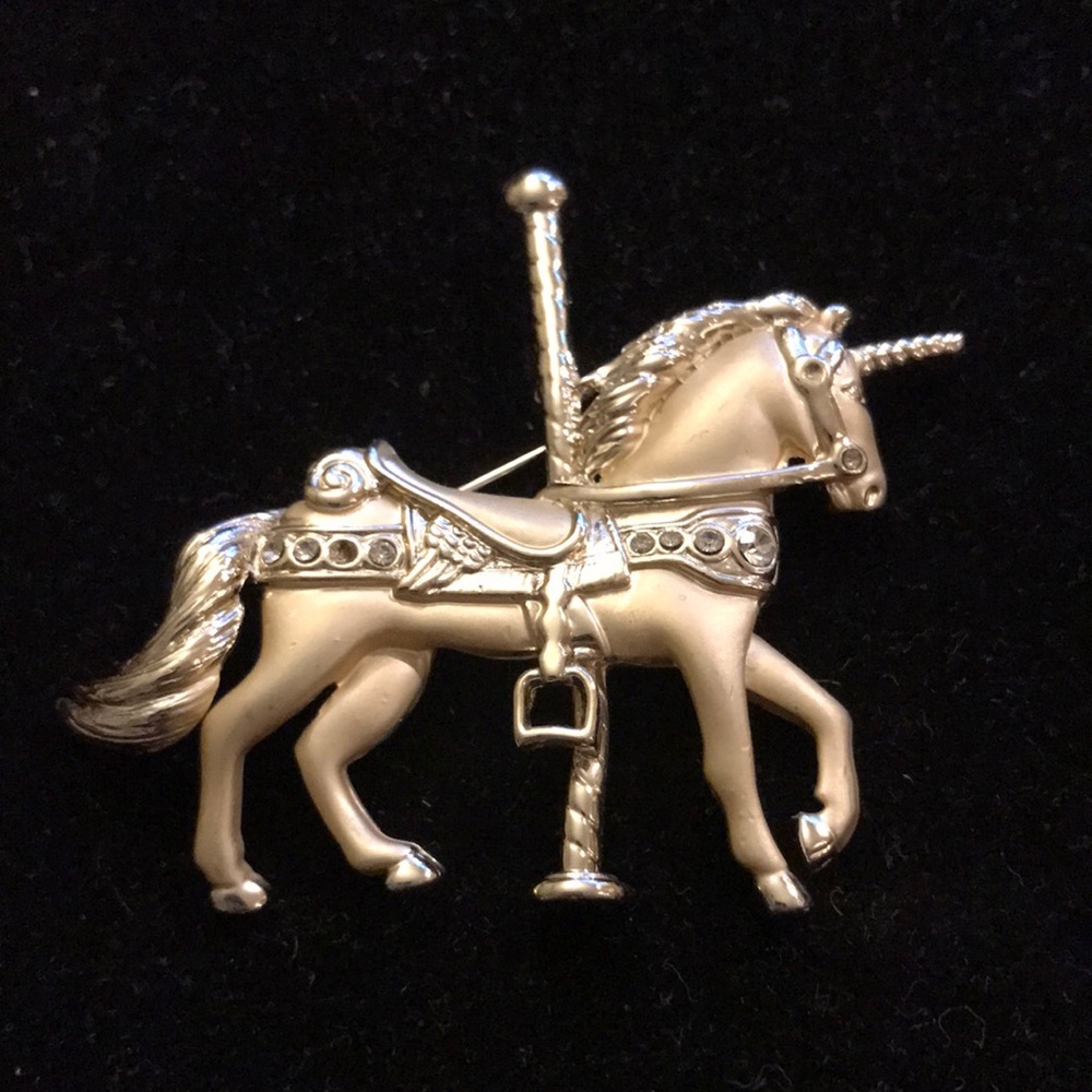 Unicorn Carousel Horse Brooch Gold Tone Vintage Costu… - Gem